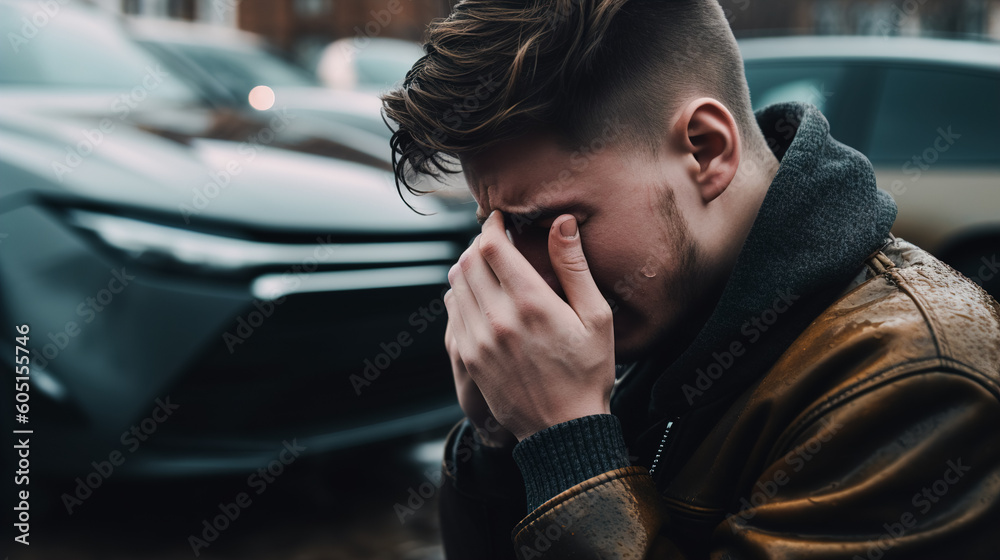 A crying man covering his face with his hands standing in the middle of ...