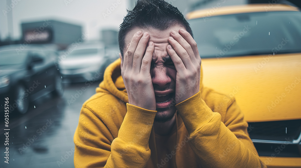 A crying man covering his face with his hands standing in the middle of ...