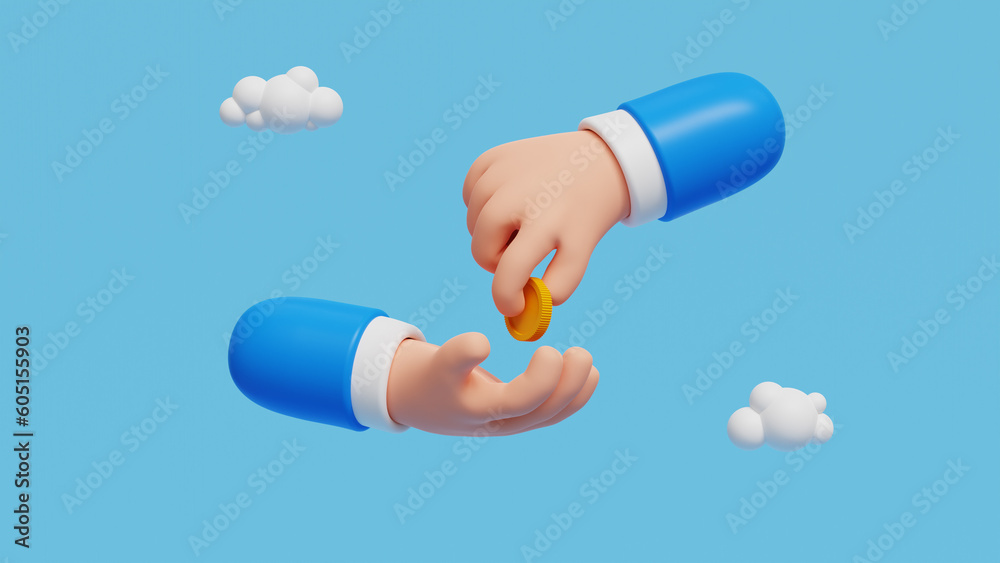3D Cartoon character hand putting golden coin in other hand. Concept of ...