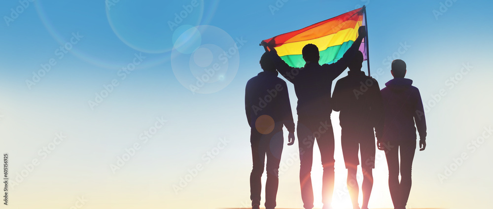 LGBT Pride Concept. Silhouette of group of people standing holding ...