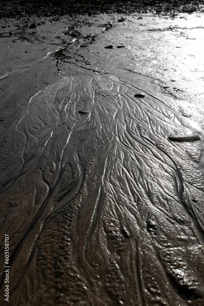 Silt. Traces in the sand from water. Beach, coast Dunnet Head Northern ...