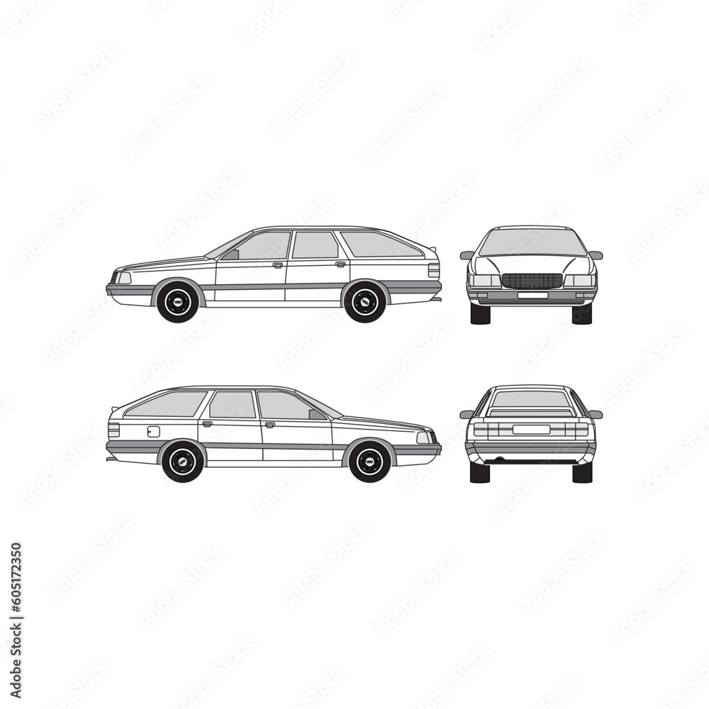 sedan car outline, year 1992, isolated white background, front, back ...