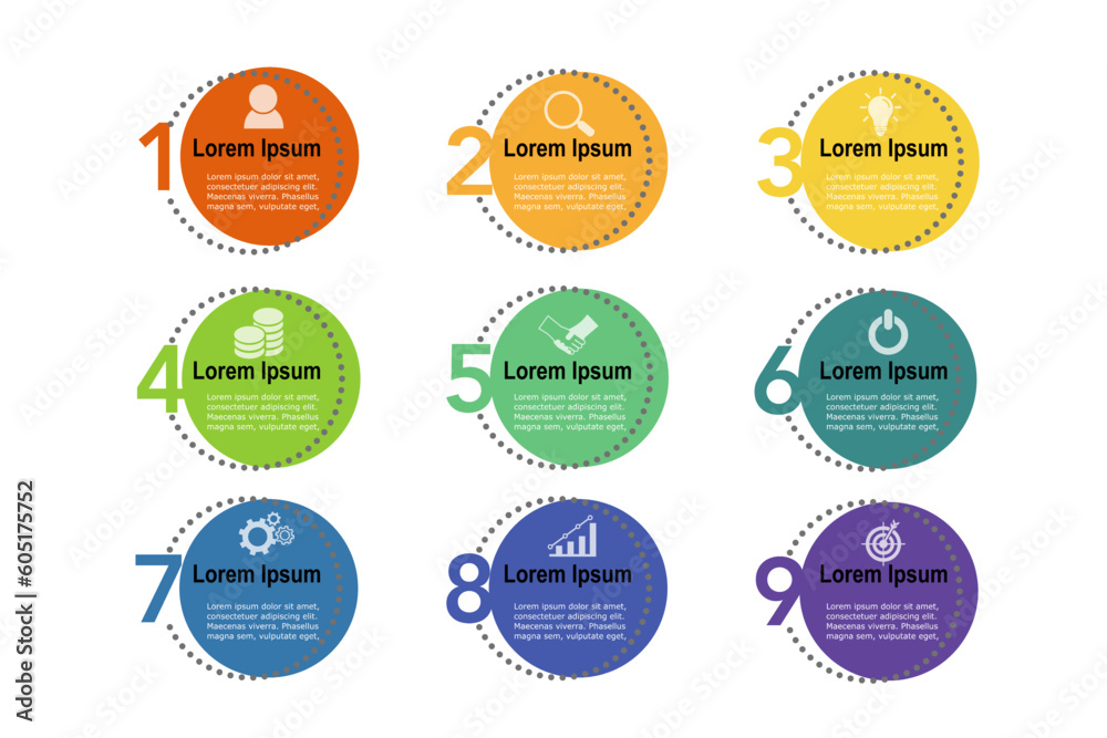 Multi color infographic elements template, business concept with 9 ... Multi color infographic elements template, business concept with 9 ...