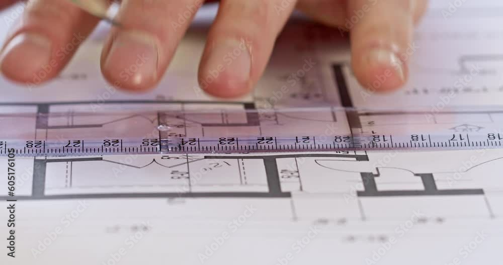 Man hands make measurements of length and draw line using ruler and ...