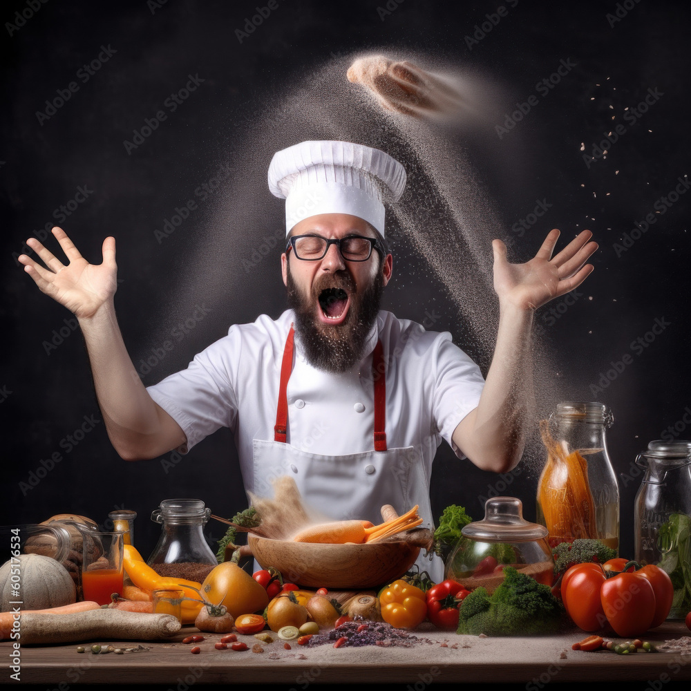 Dramatic Culinary Chaos: Overwhelmed Chef with Food in Mid-Air, Created ...