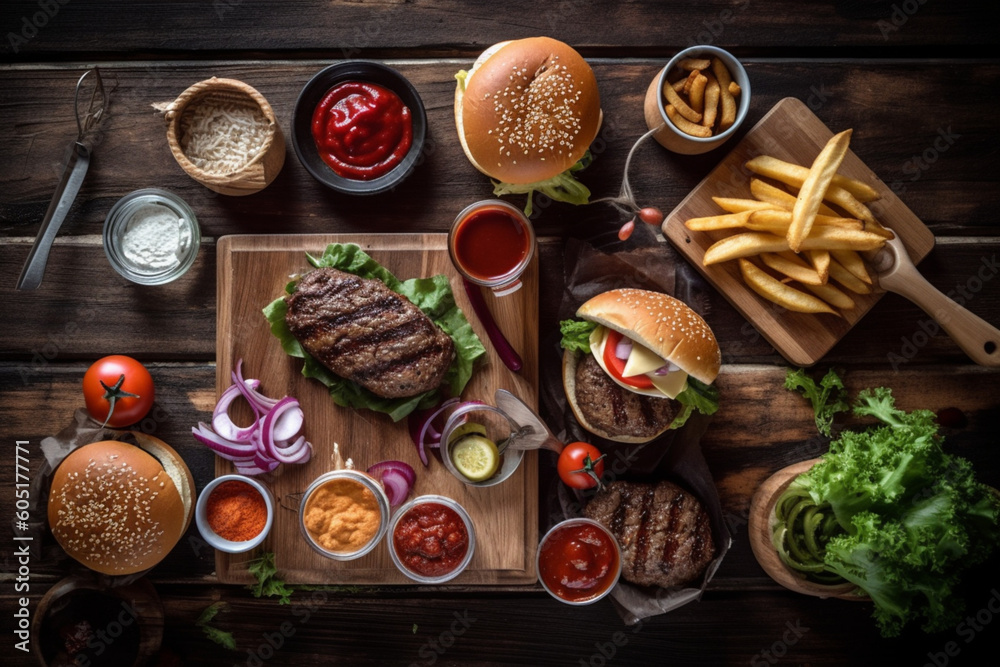 BBQs and burgers table scene, Top view over a dark wood background ...