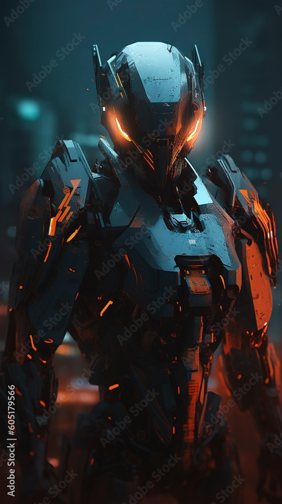 Ilustrace „a robot armoured with orange and black lights, in the style ...