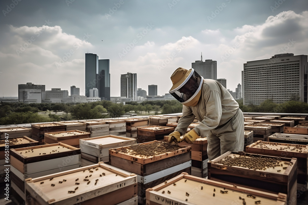 A photo showcasing an urban beekeeper maintaining rooftop beehives ...