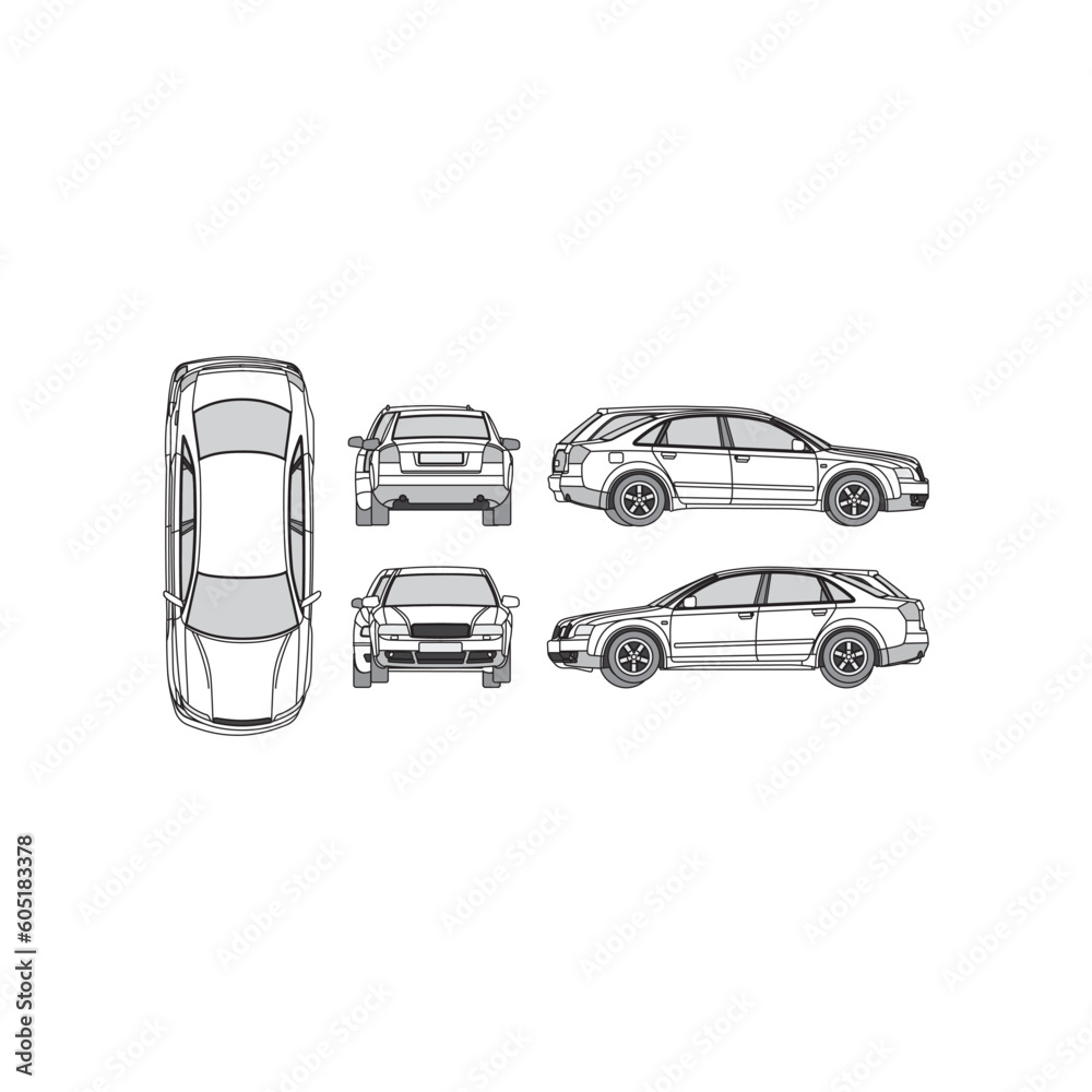 sedan car outline, year 2000, isolated white background, front, back ...