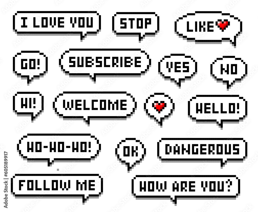 Vetor de Pixel speech bubble messages. Like, subscribe, follow social ...