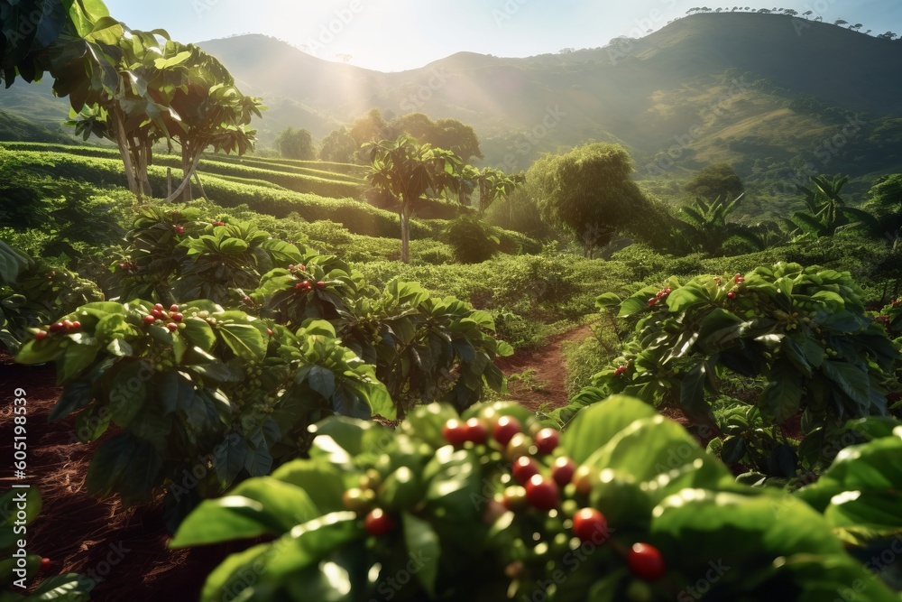 Rustic coffee plantation scene, showcasing rows of lush, green coffee ...