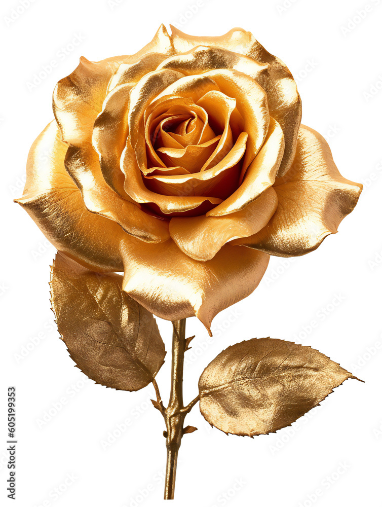 Golden rose with golden stem. Isolated on a transparent background. KI ...