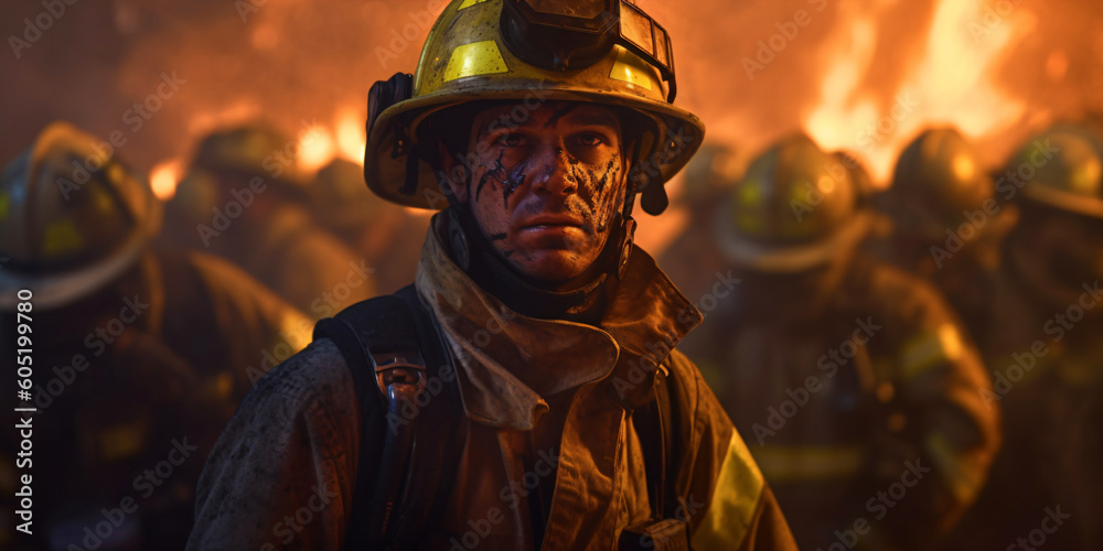 frontal view of a firefighter looking sad, fictional person made with ...