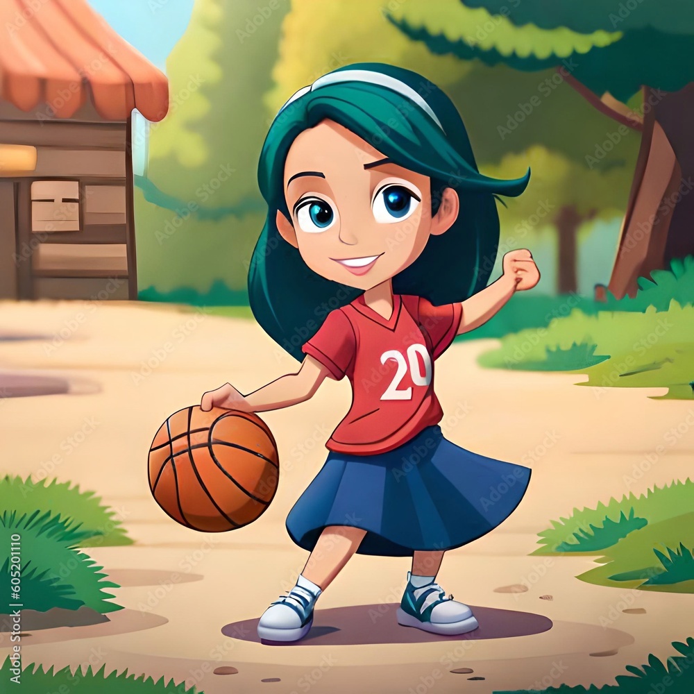 Little Girls Playing Basketball Cartoon
