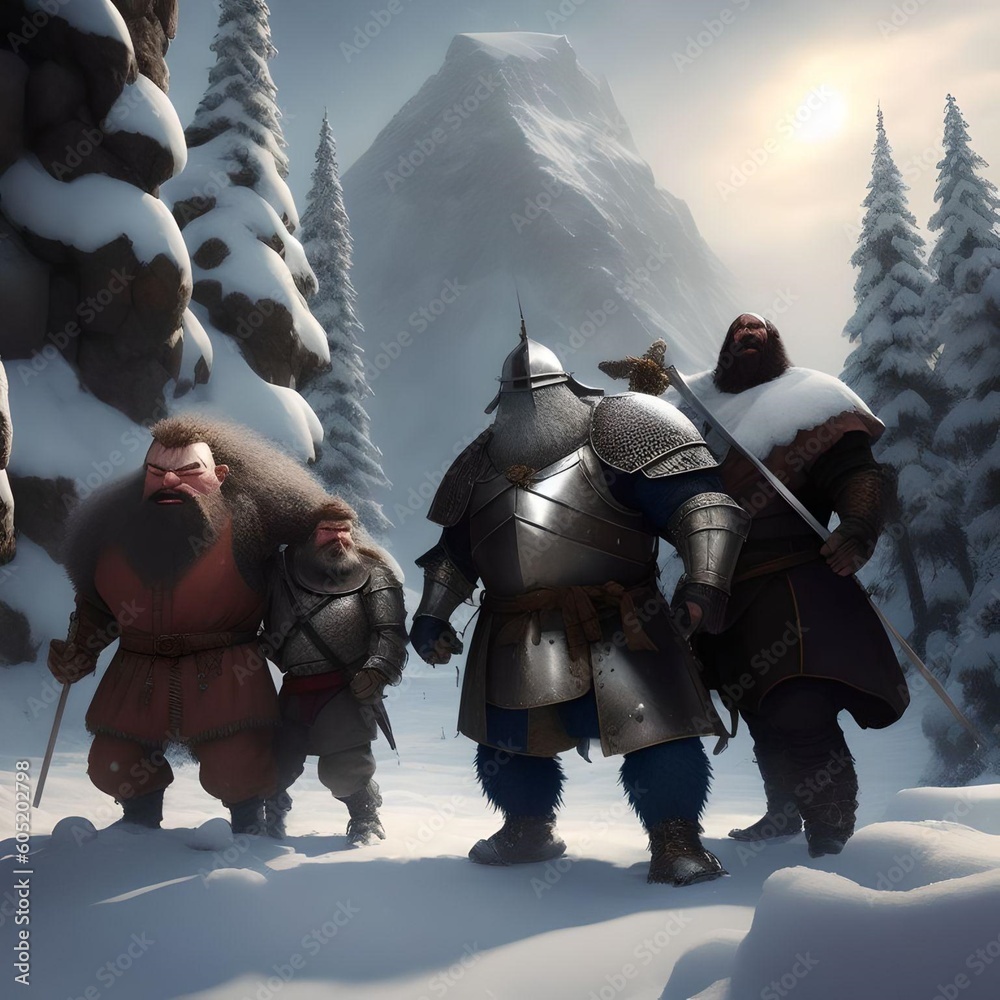 Three Dwarves Exploring the Wintery Cold Land of the Giant Trolls ...
