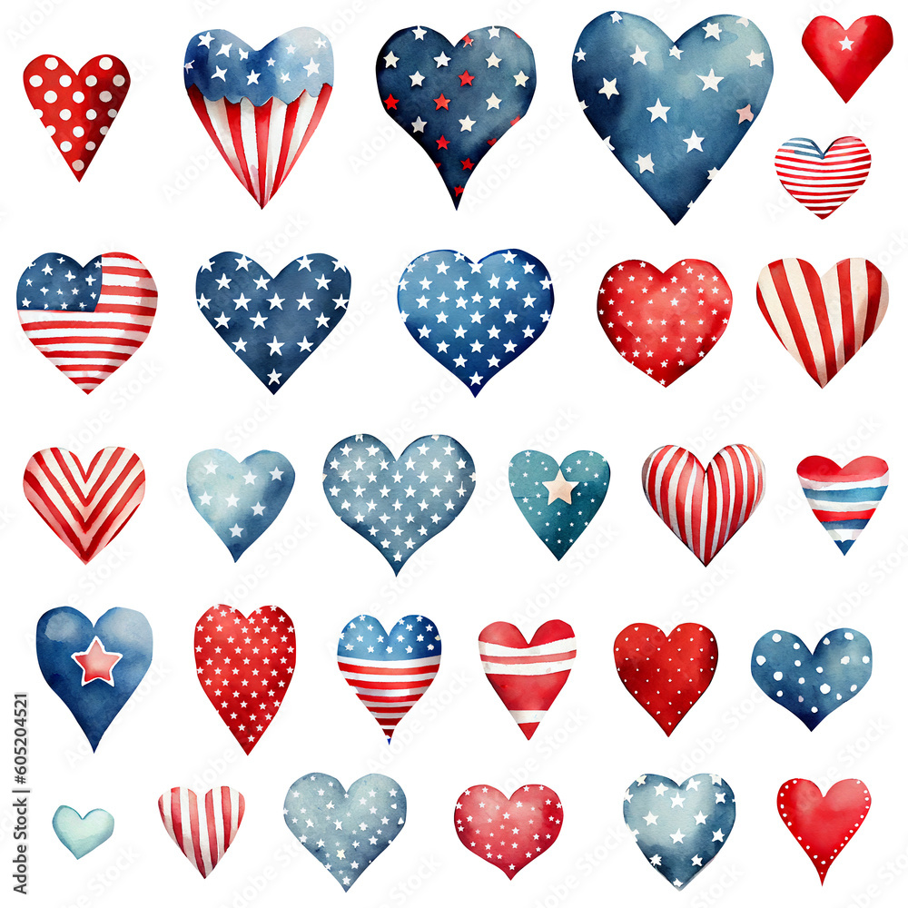 American flag hearts Watercolor Clipart PNG - 4th of July independence ...