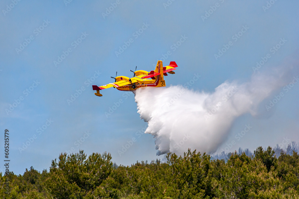 Incendie - Avion larguant de l'eau sur un feu de forêt dans un massif ...