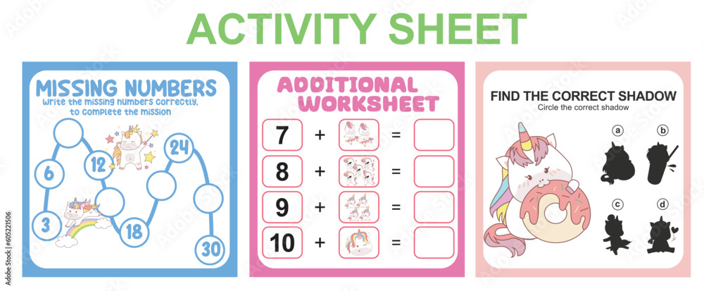 Activity sheet for children. 3 in 1 Educational printable worksheet. Missing numbers, counting ...