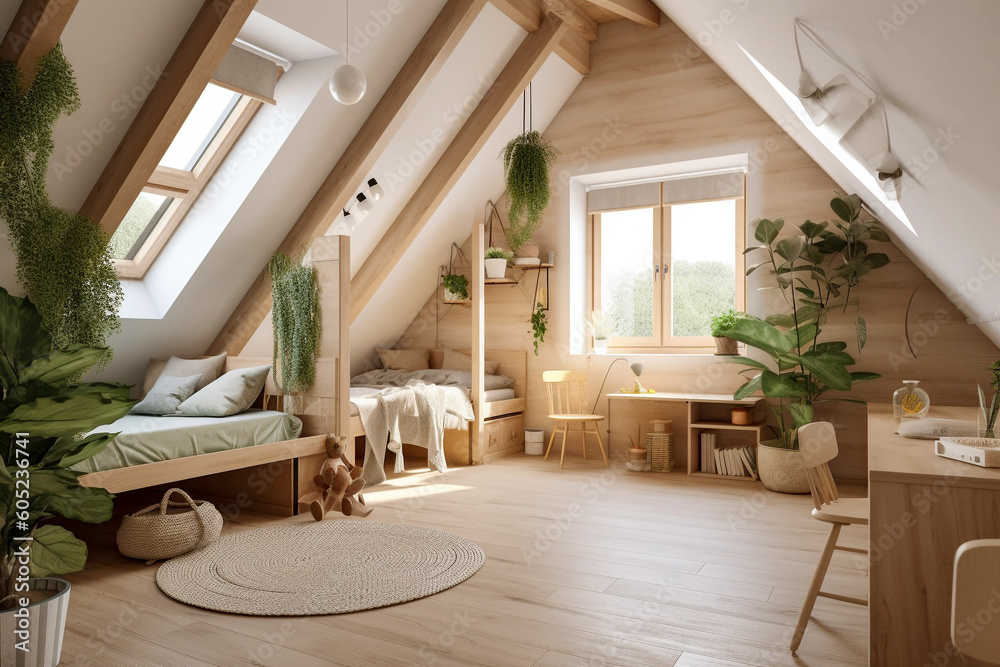 Modern cozy wooden bedroom, eco interior design with beige colors and ...
