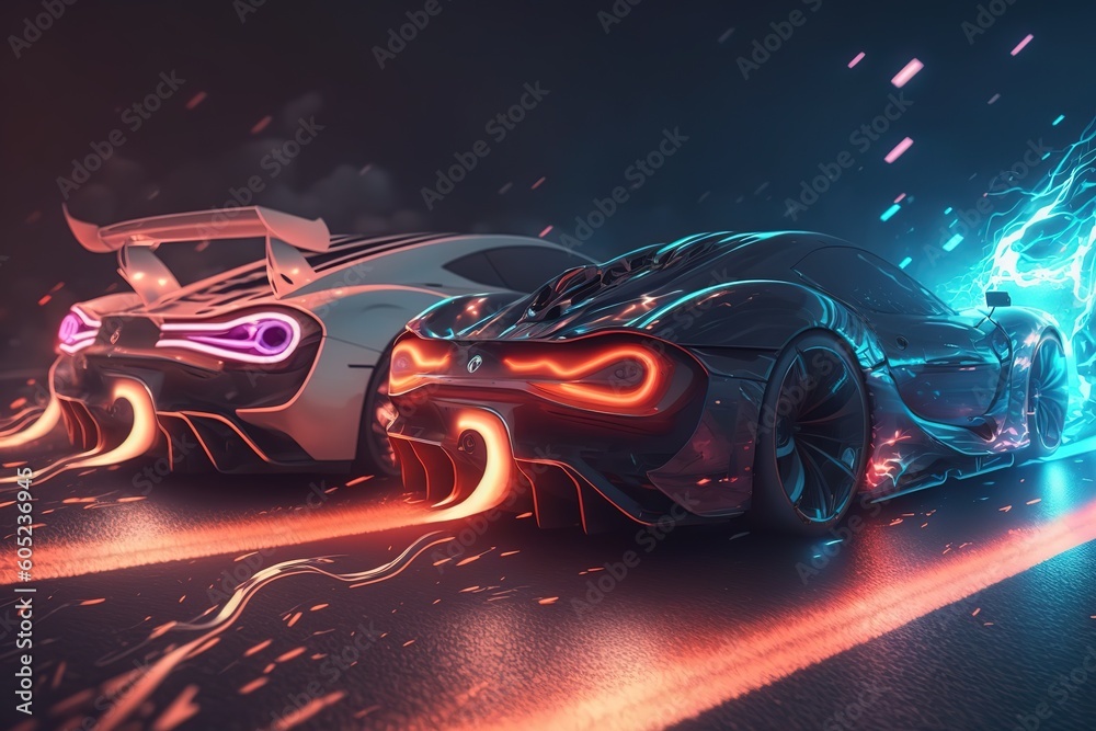 ?ars on a r track in the city, rear view. Sports car, futuristic ...