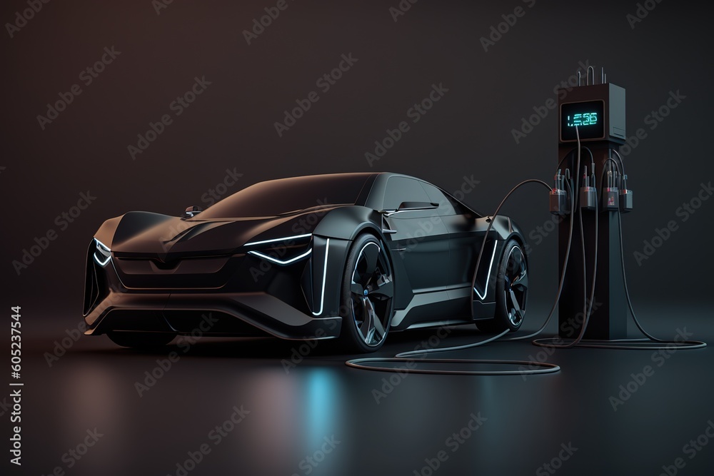 Electric car is charging in the parking lot, side view. Sports car ...