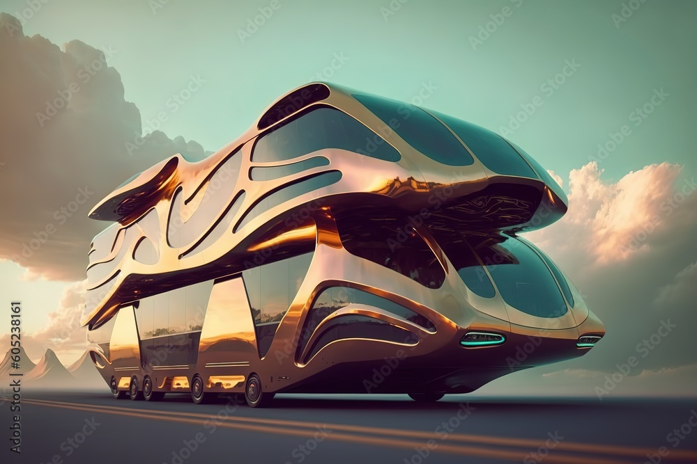 The bus of the future, rides along the highway, side view. Sports car ...