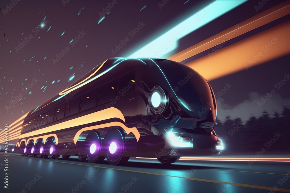 The bus of the future, rides along the highway, side view. Sports car ...