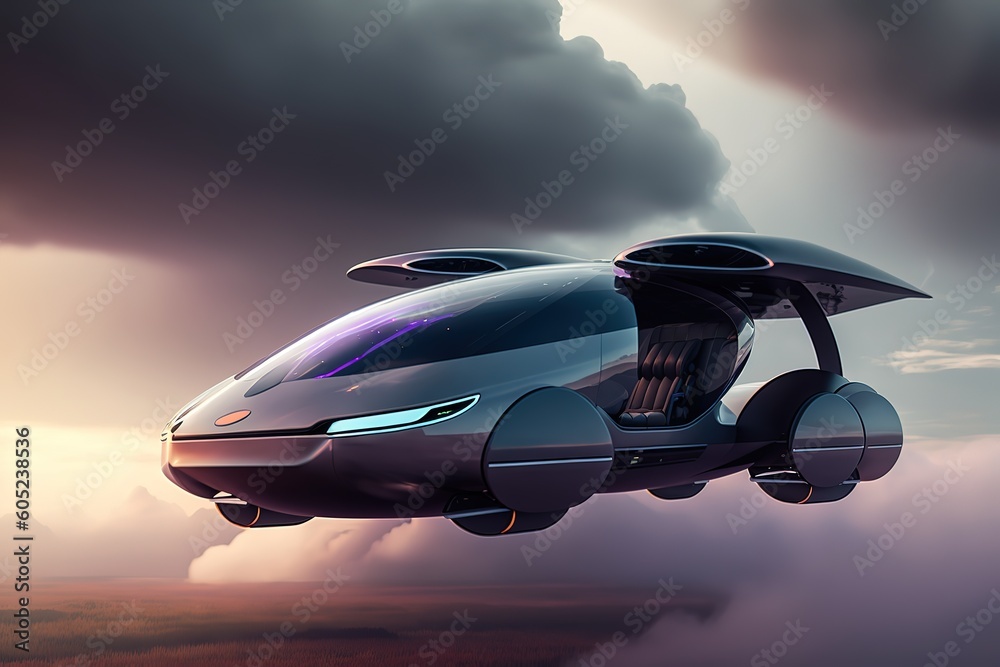 Fantastic flying car over the city, side view. Sports car, futuristic ...
