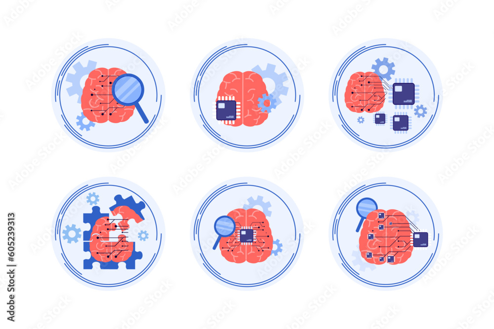 Icons of AI brains with memory chips vector illustrations set. Cartoon ...