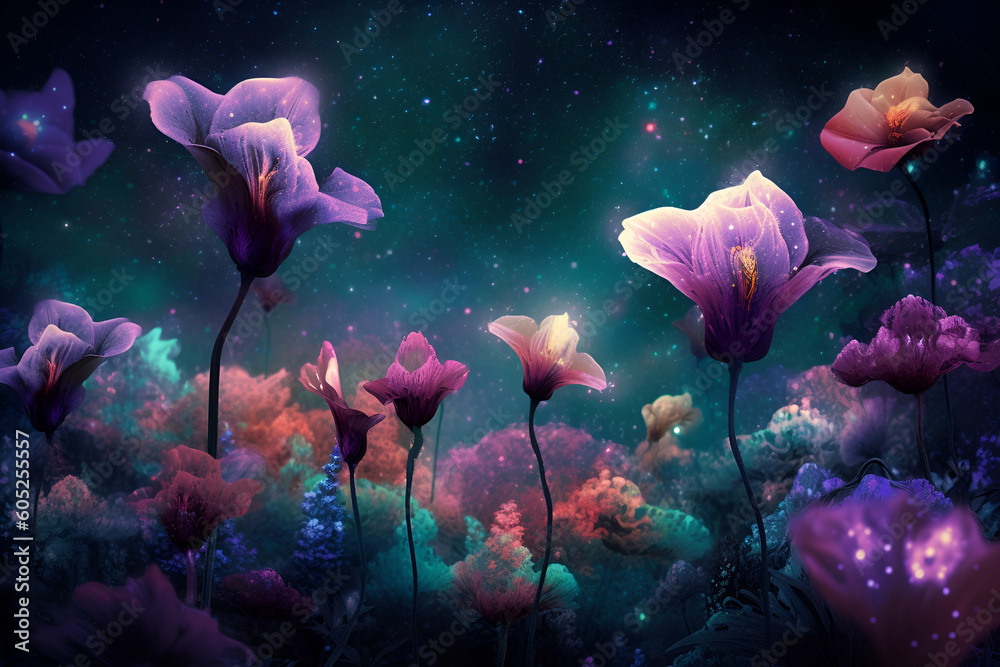 Abstract fantasy space plants and glowing flowers. Extraterrestrial ...