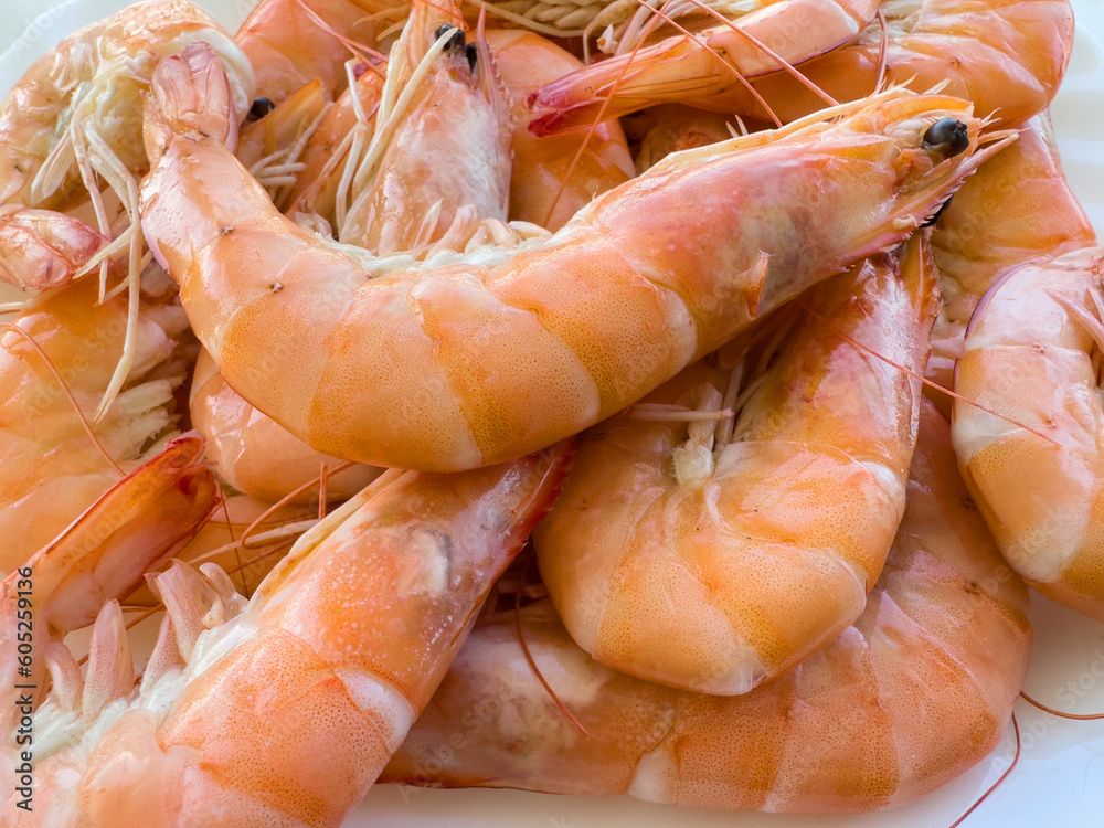 Shrimps on plate. Seafood tiger shrimp delicious. Cooked shrimps, top ...