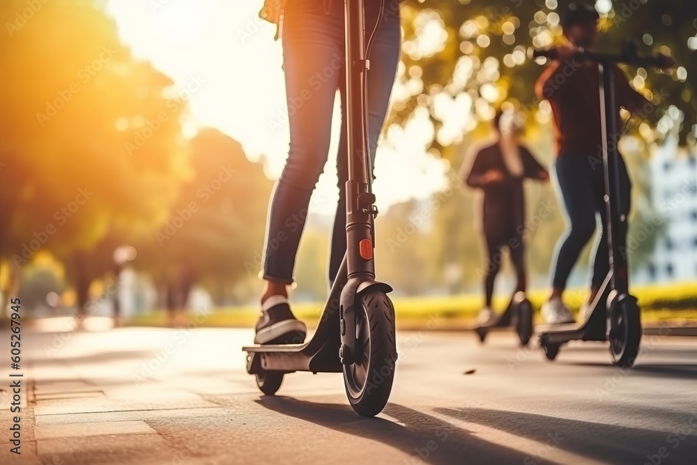 people couple using electric scooter in city park - Millenial students ...