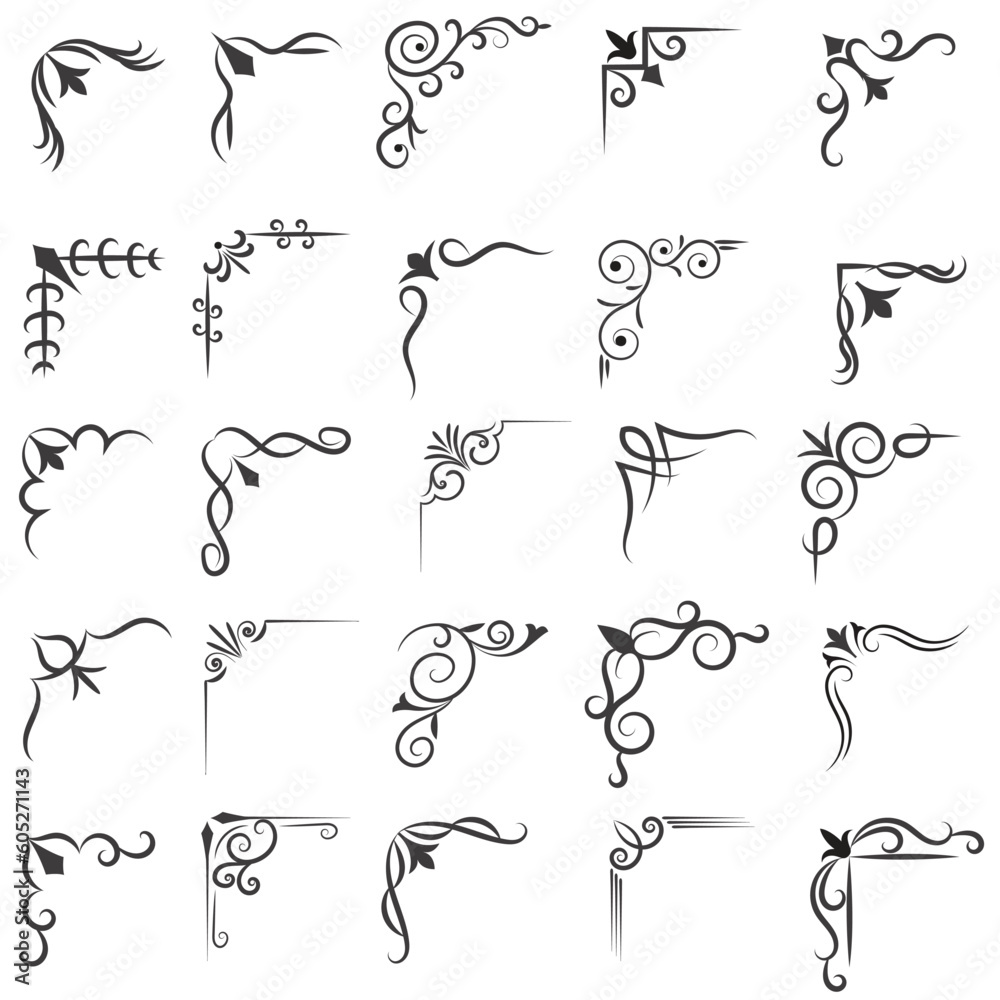 Vector illustration of decorative corner frame set. Set Hand Draw of ...