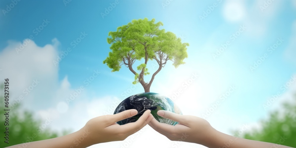 world environment and earth day, Two human hands holding big tree and ...