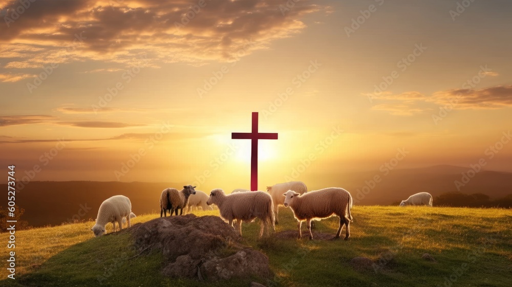 Flock of sheep on cross of Jesus christ and sunset background ...