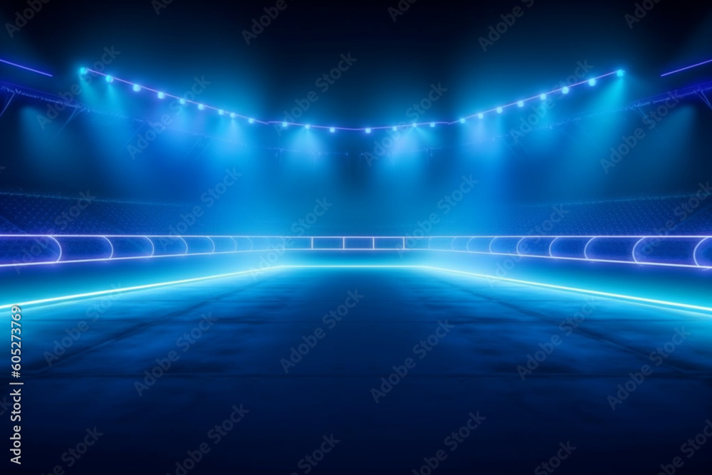 Abstract blue neon stadium background illuminated with lamps on ground ...