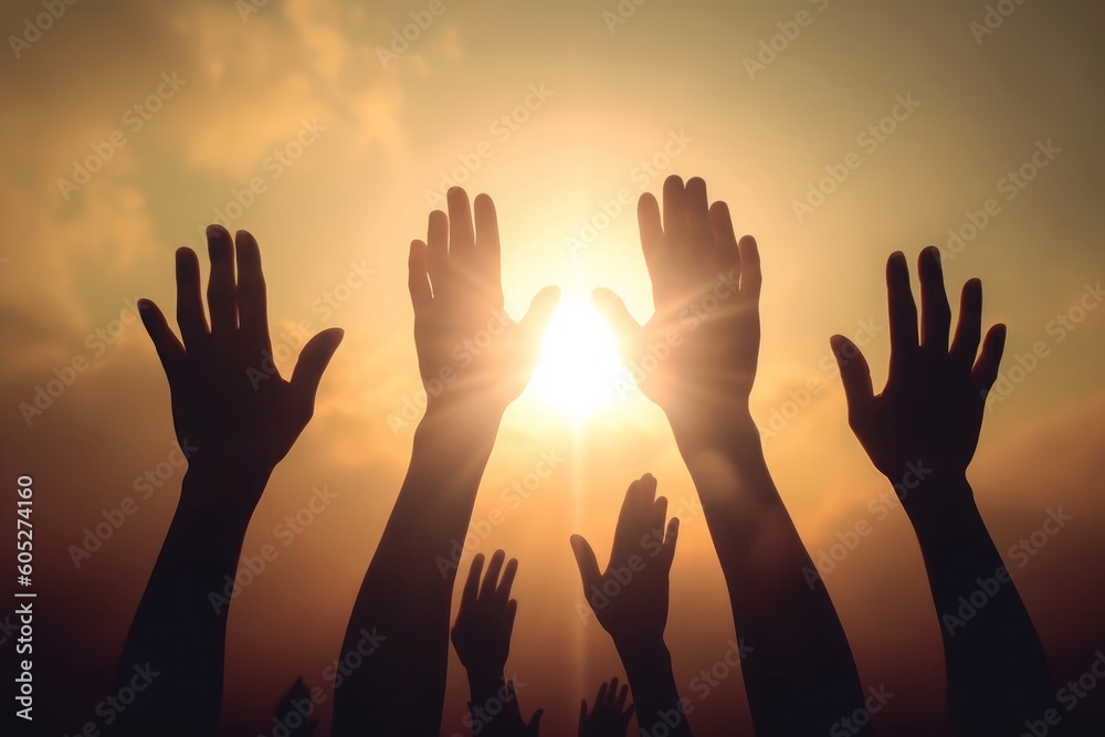 Free concept: Raised hands catching sun on sunset sky, Generative AI ...
