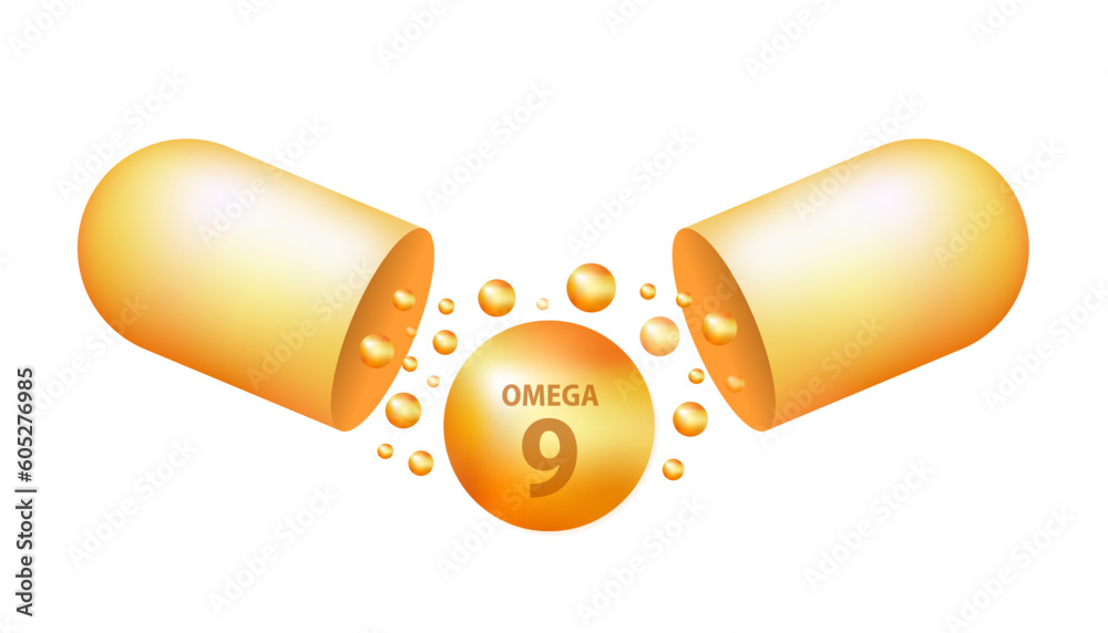 Vetor de Golden drops of Omega nine. Polyunsaturated fatty acids Omega ...