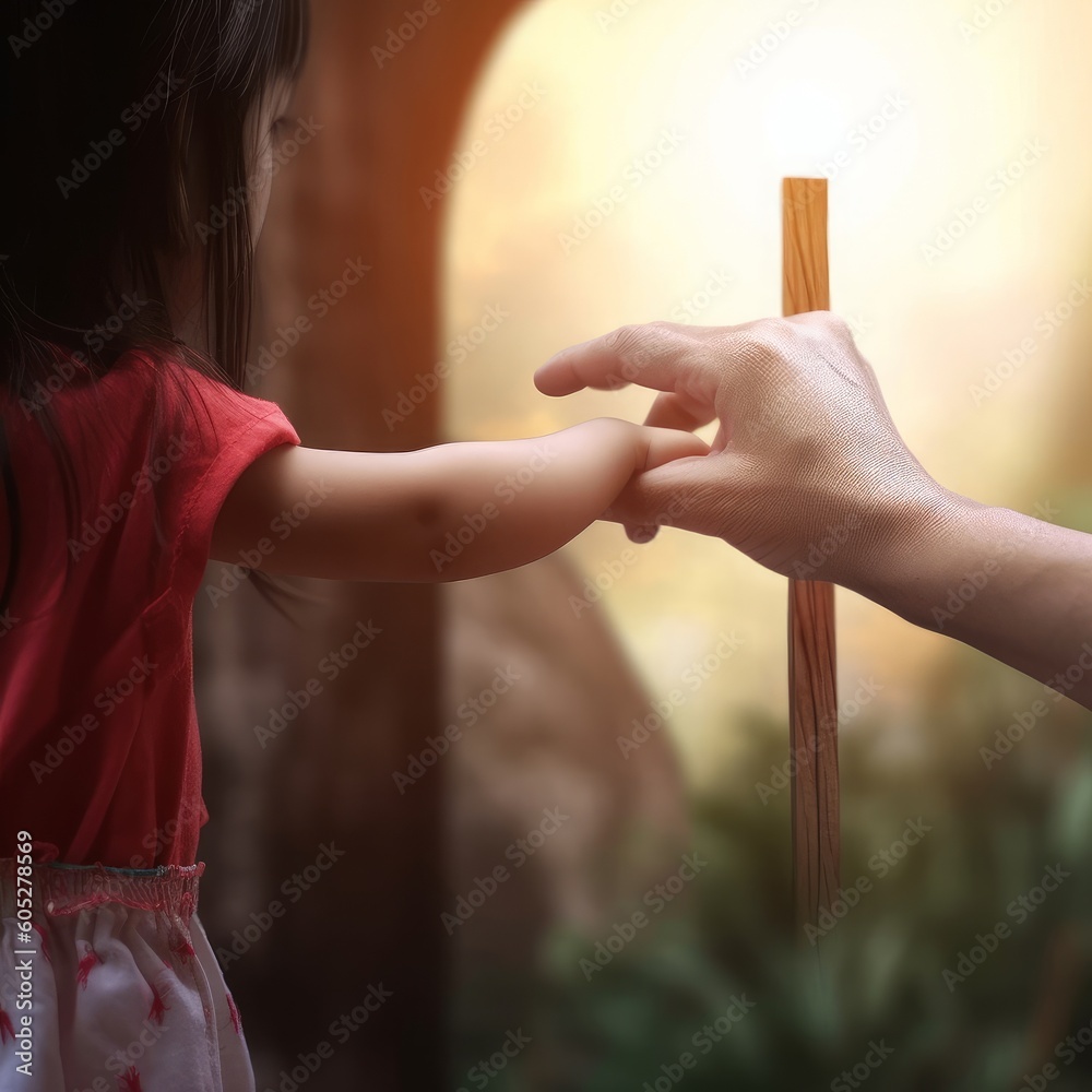 Easter concept: Child's hand holding mother's finger on blurred The ...