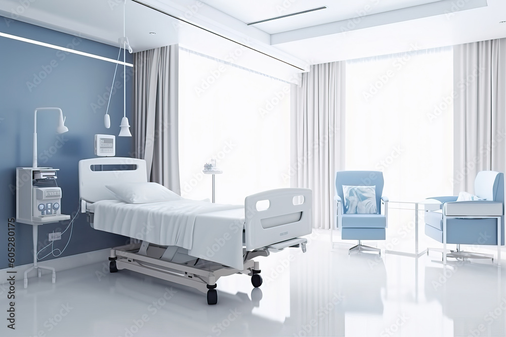 Ilustrace „A hospital room with a bed, chair, and other medical ...