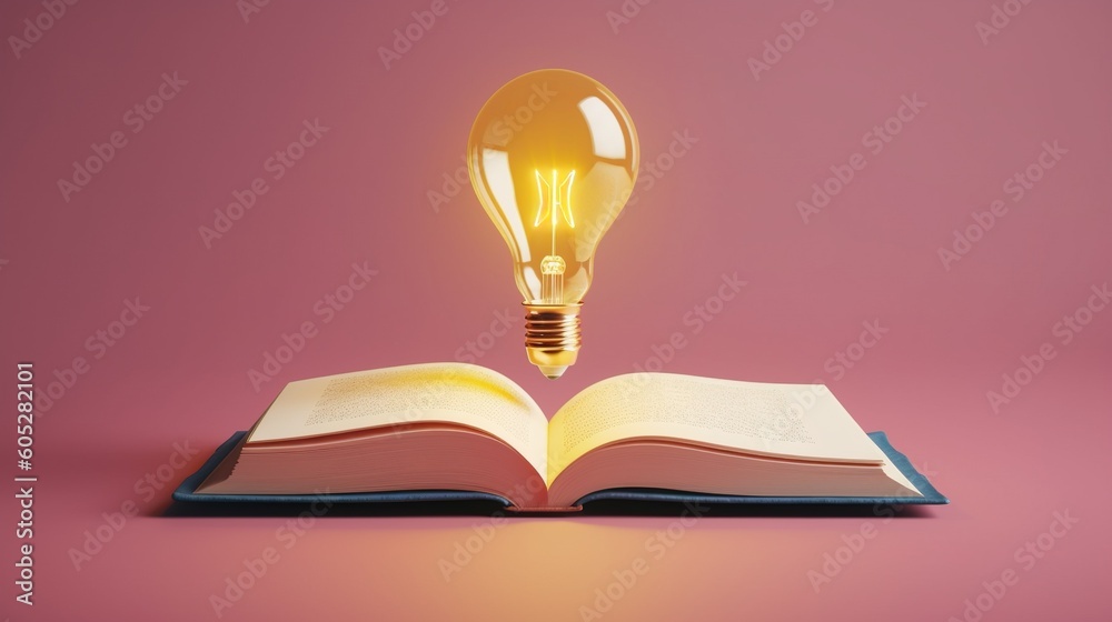 Open book with light bulb. Lightbulb floating from open book on solid ...