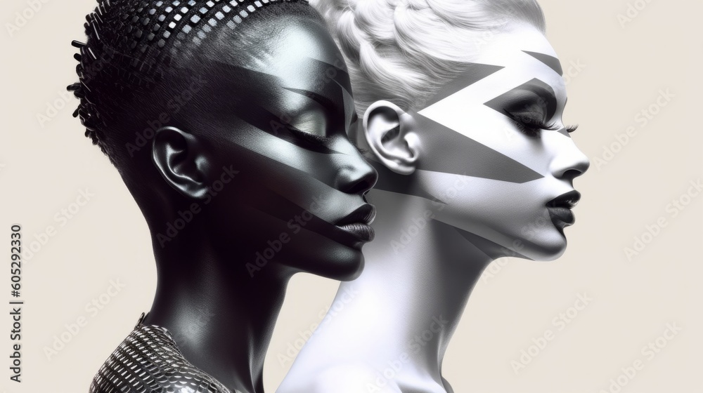 Contemporary female face painting portrait, dark and white complexion ...
