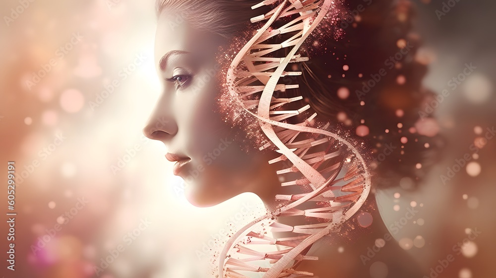 Portrait of sensual woman among DNA structure chains. Beauty DNA ...