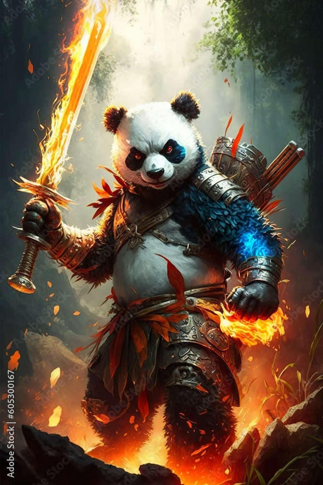 Kung Fu fighting Panda with a silver sword that goes up in flames Stock ...