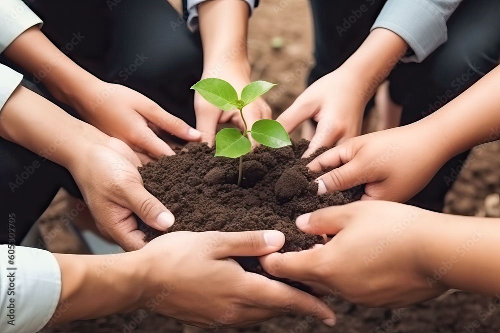 Businessmen and community together planting trees for sustainable ...