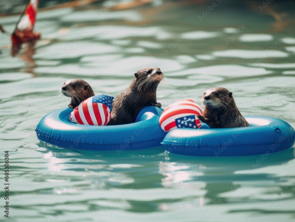 A group of USA patriotic otters floating in a pool of water on ...