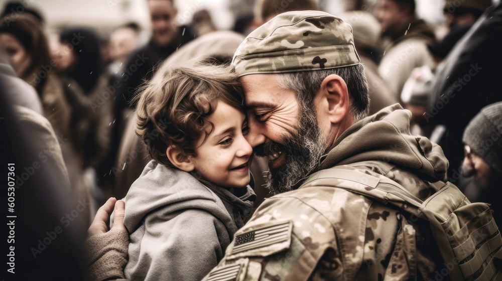 Happies moment for a small child when the father returns from duty as a ...