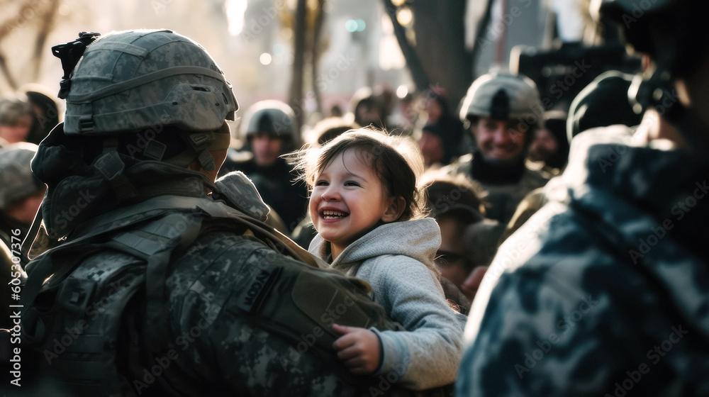 Happies moment for a small child when the father returns from duty as a ...