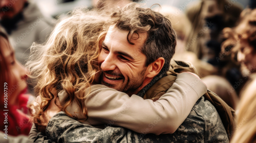 Happies moment for a small child when the father returns from duty as a ...