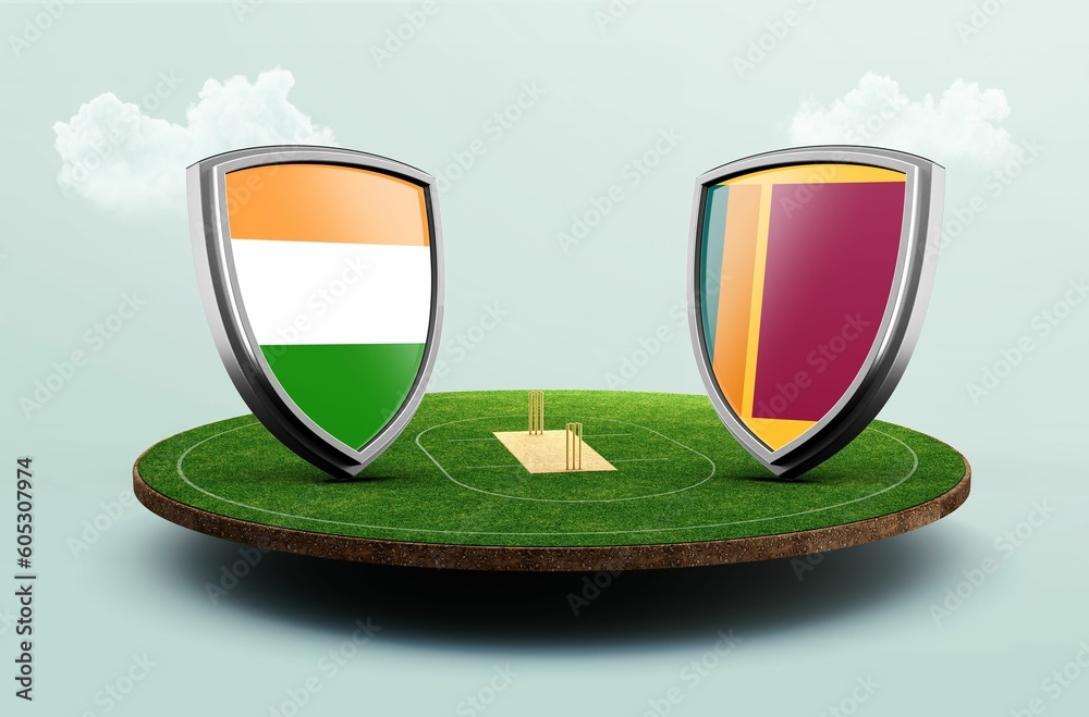 3d render of shields featuring the flags of India and Sri Lanka over a ...